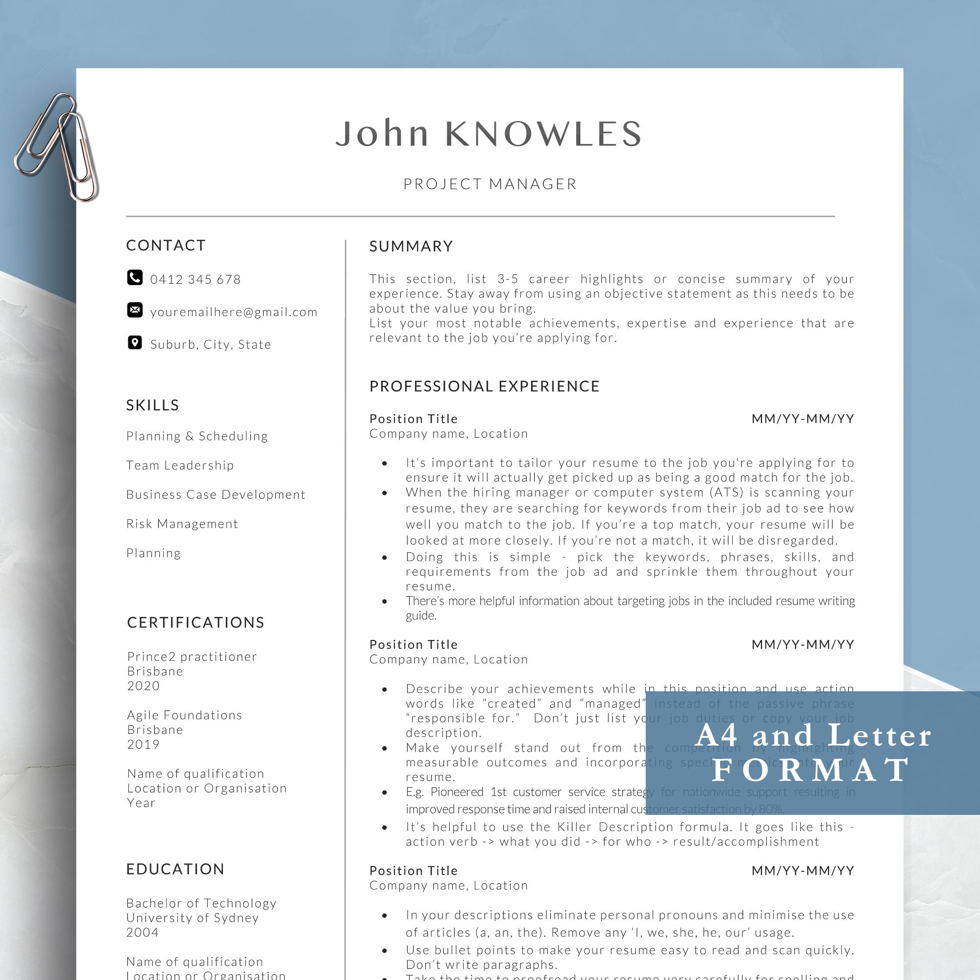 Project Manager Resume Template for MS Word, Pages and Google Docs ...