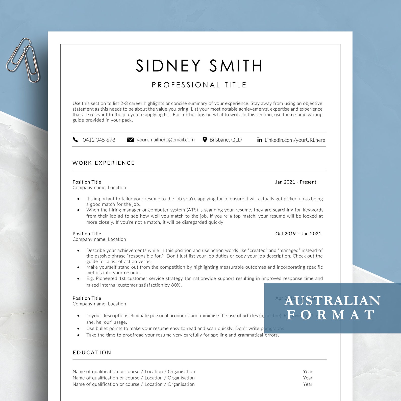 Professional Resume Template, Australian Cv Resume, ATS Friendly Cv ...