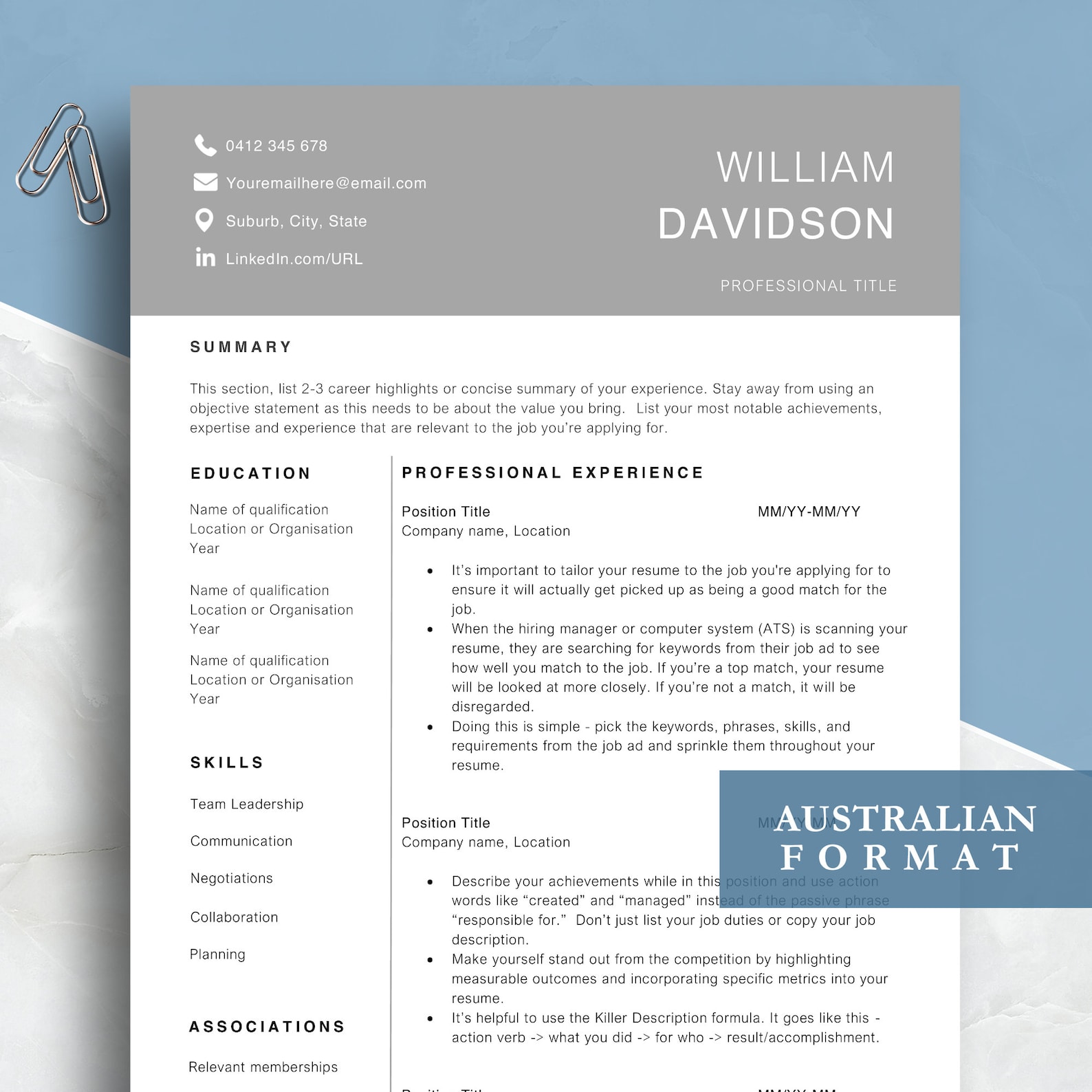 Australian CV Template, Simple Resume Format, Professional CV Design - Etsy