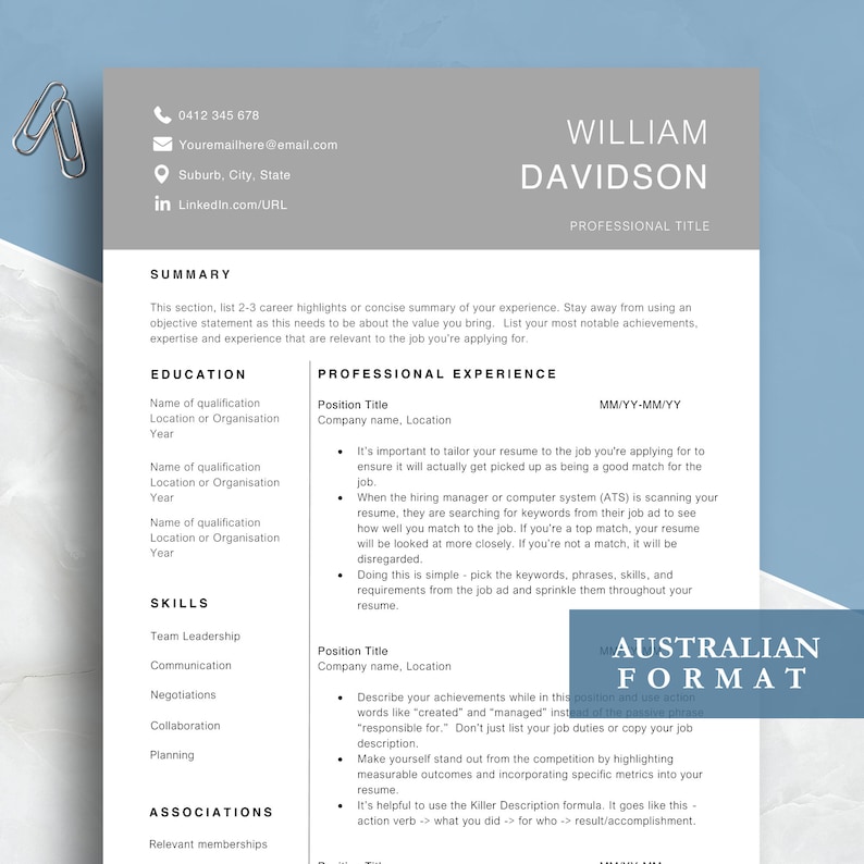 Australian CV Template, Simple Resume Format, Professional CV Design - Etsy