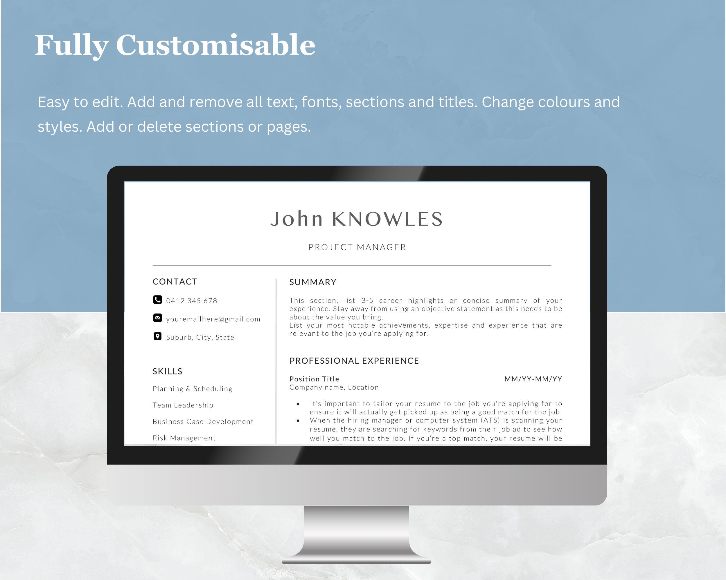 Project Manager Resume Template for MS Word, Pages and Google Docs ...