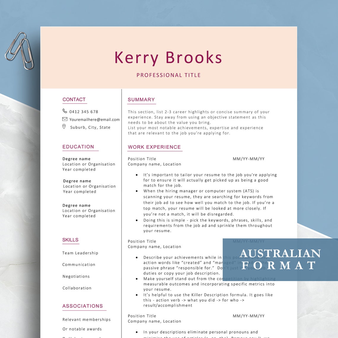 Australian Resume Format, Stylish Professional Cv Template, Colour Word ...