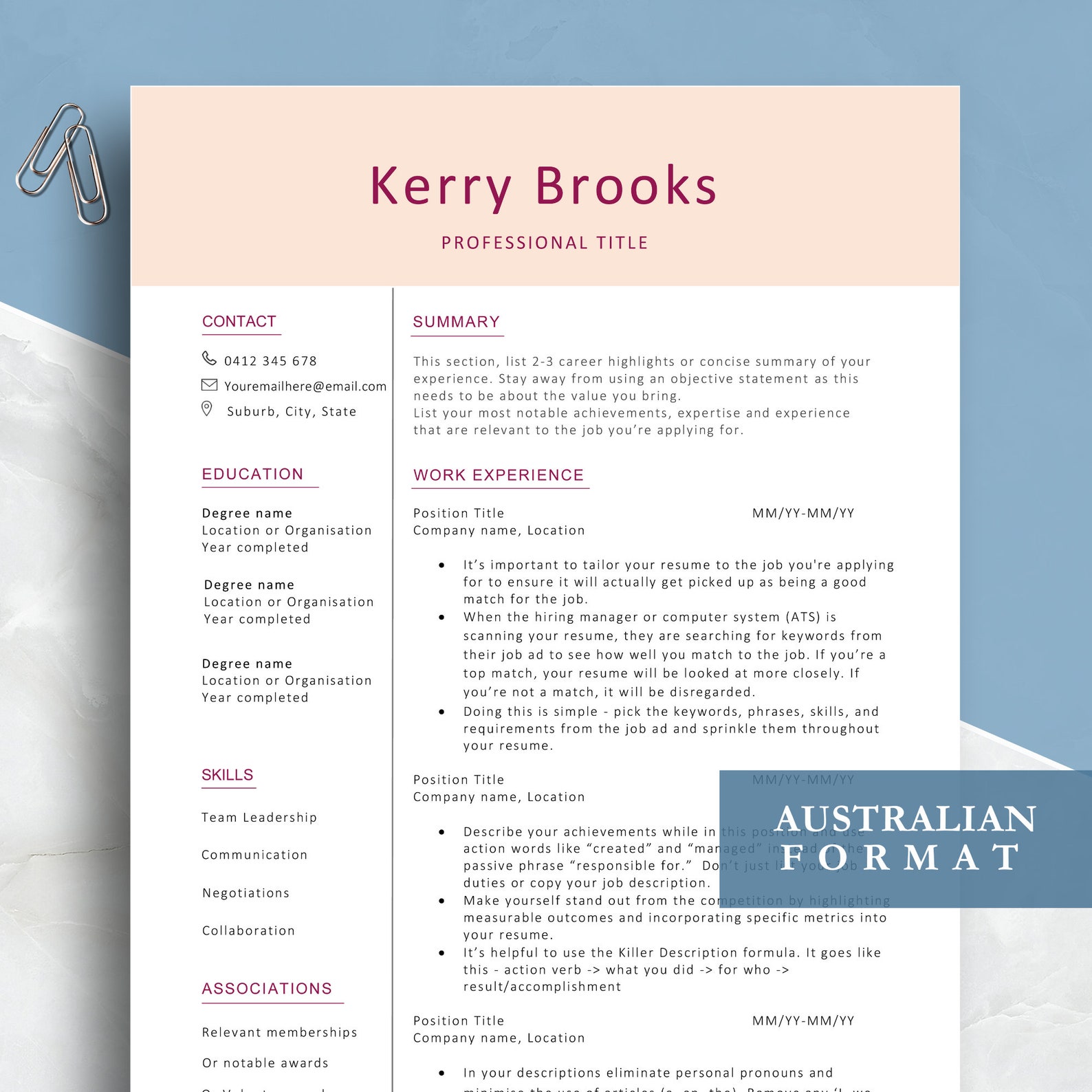 Australian Resume Format | Professional CV Design for Word | Stylish ...