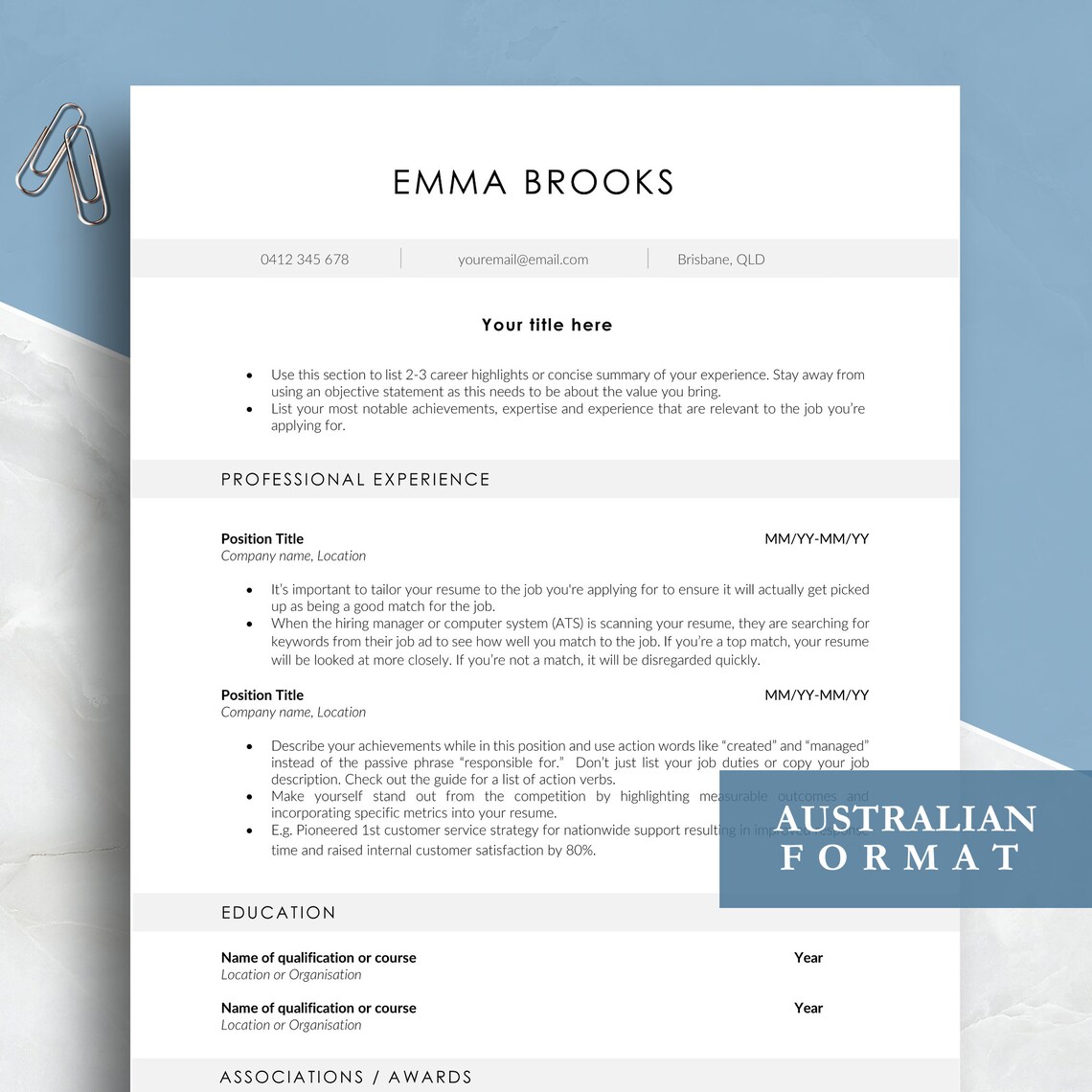 Australian Format Resume Template for MS Word and Pages With Digital ...
