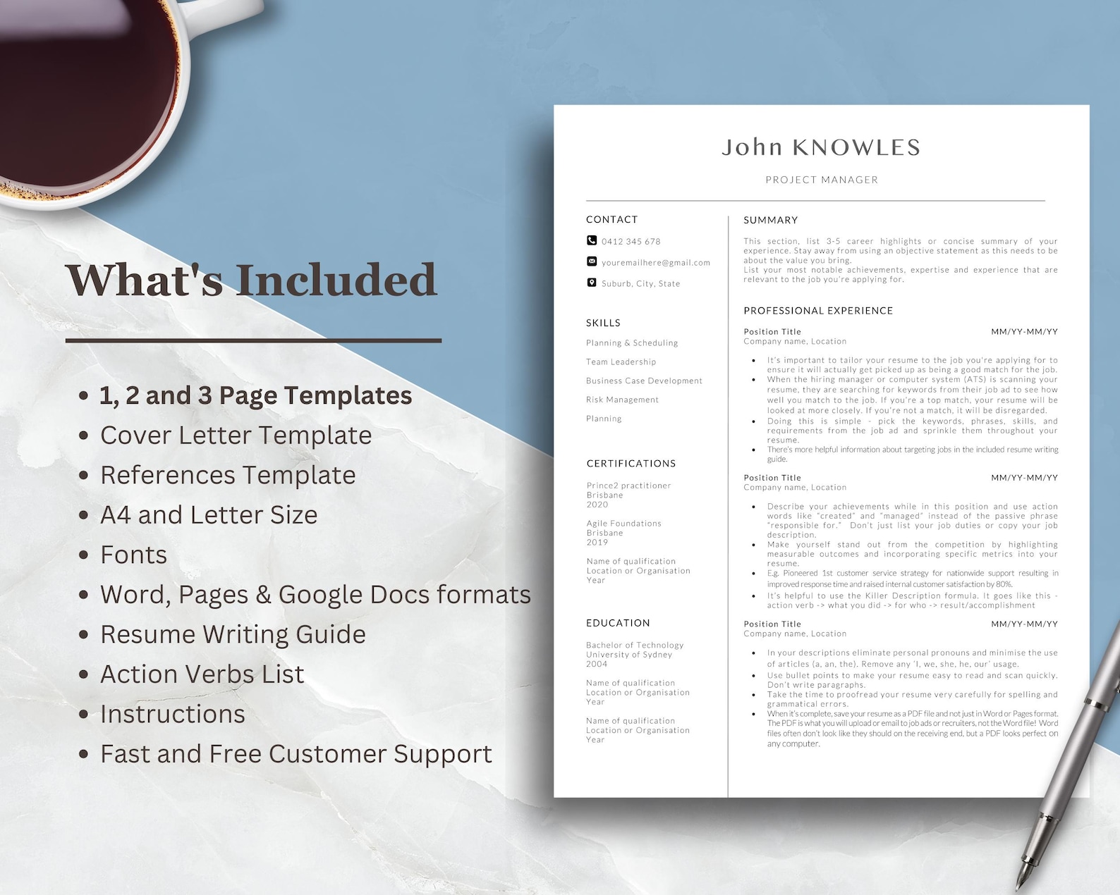 Project Manager Resume Template for MS Word, Pages and Google Docs ...