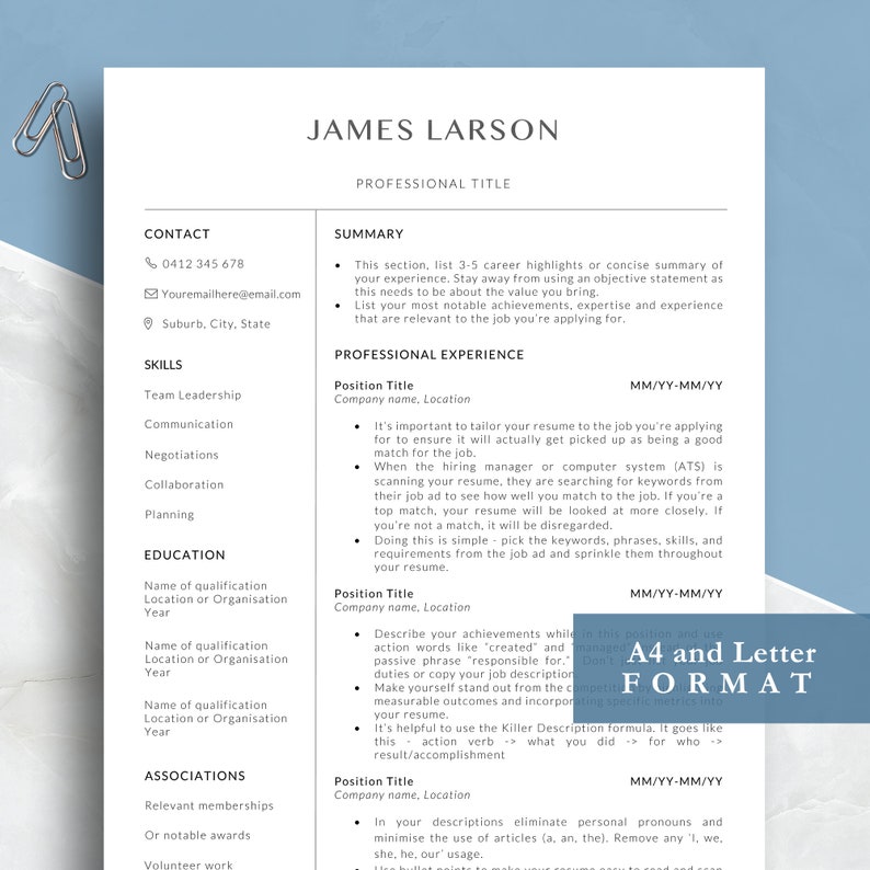Professional Australian Format Resume Template for MS Word, Pages and ...