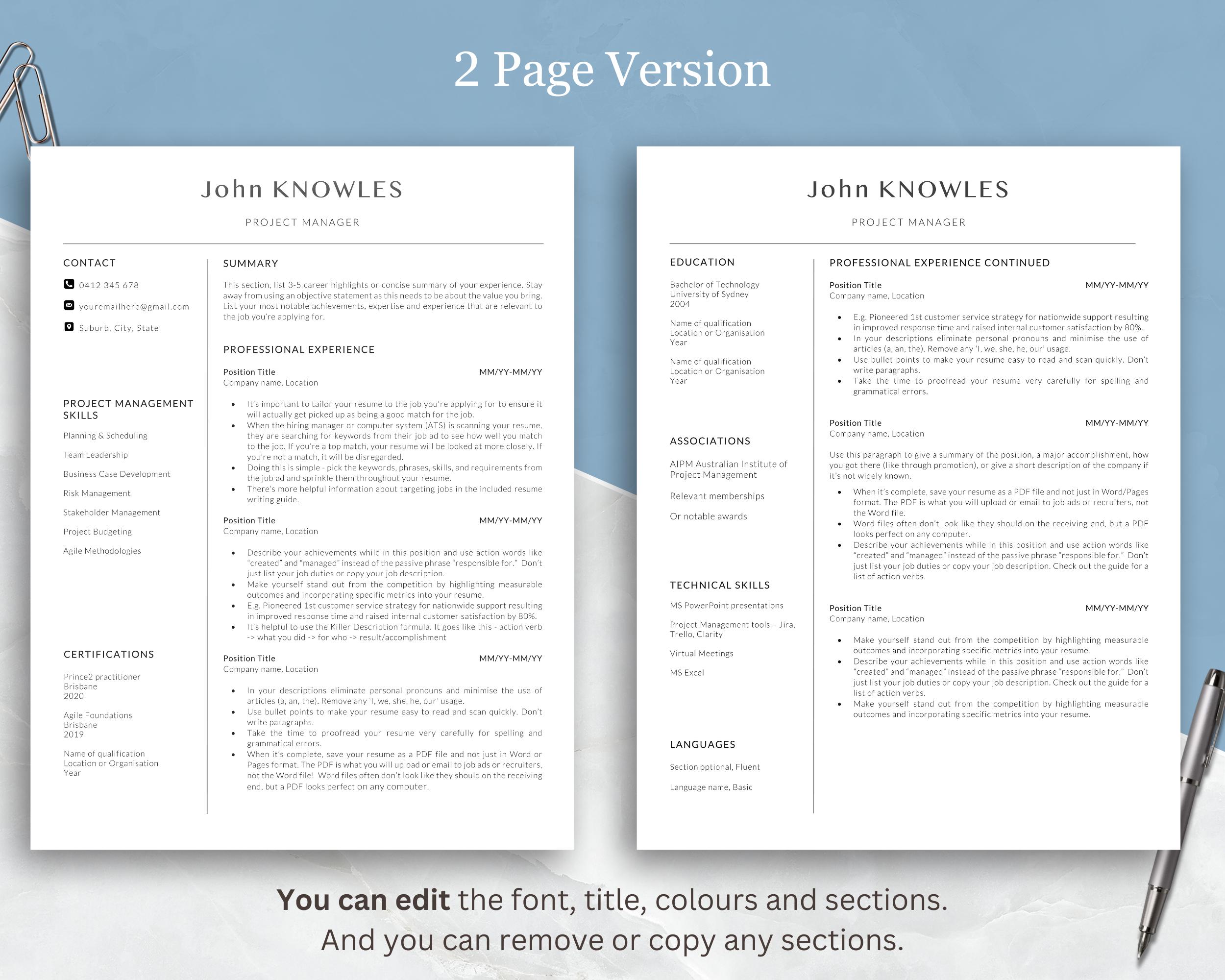 Project Manager Resume Template for MS Word, Pages and Google Docs ...