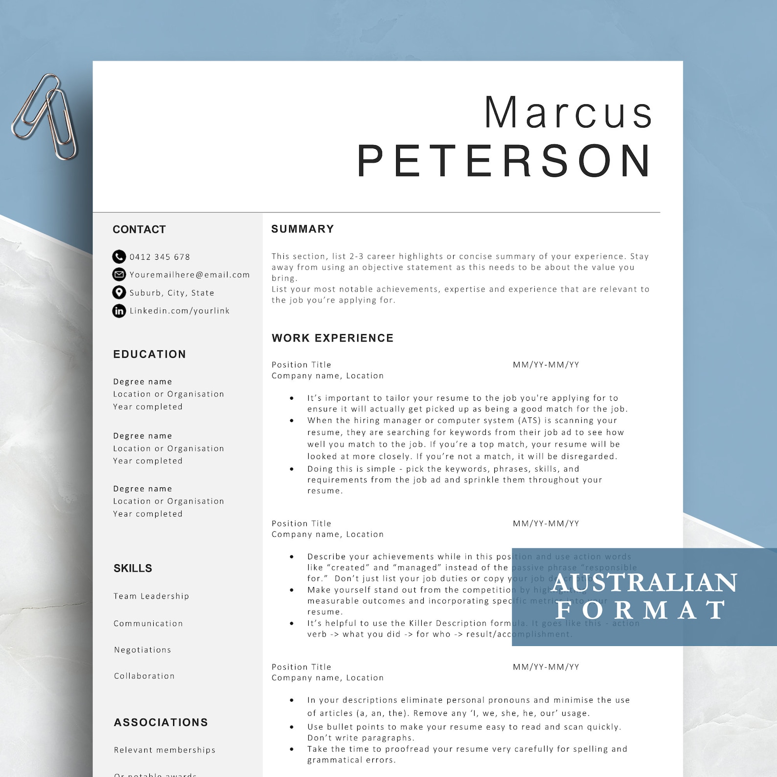 Australian Resume Format, Stylish Professional Cv Template, Word and ...