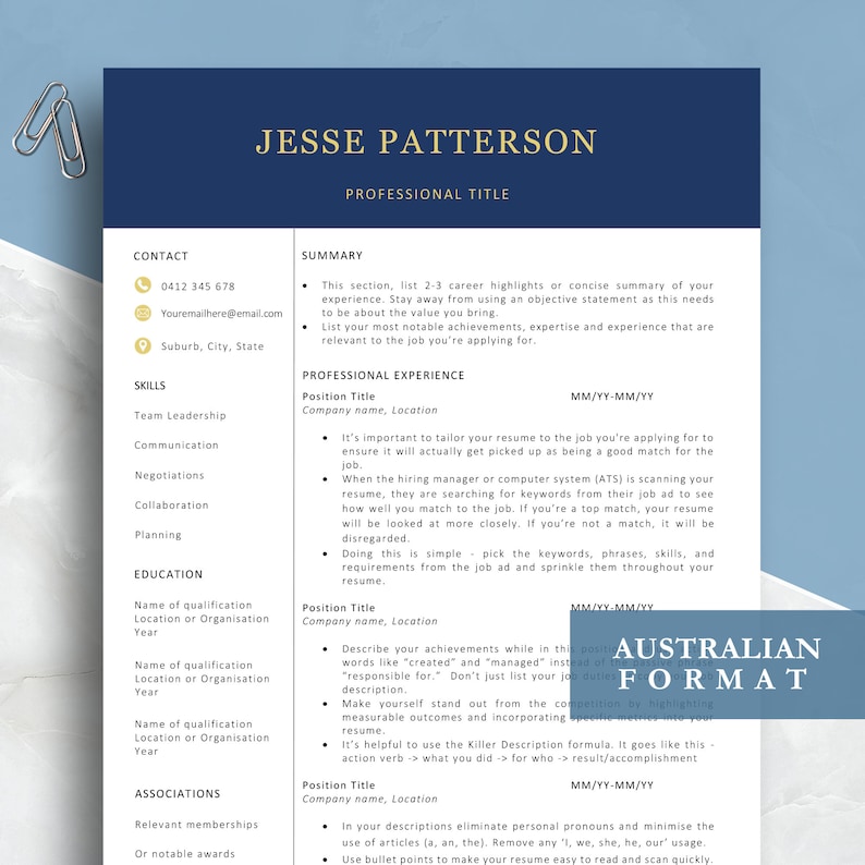 Clean Modern Resume Australian Format, Without Photo, Fully ...