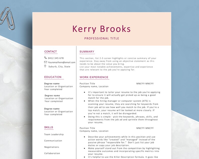 Australian Resume Format, Stylish Professional Cv Template, Colour Word ...