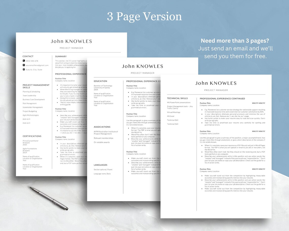 Project Manager Resume Template for MS Word, Pages and Google Docs ...