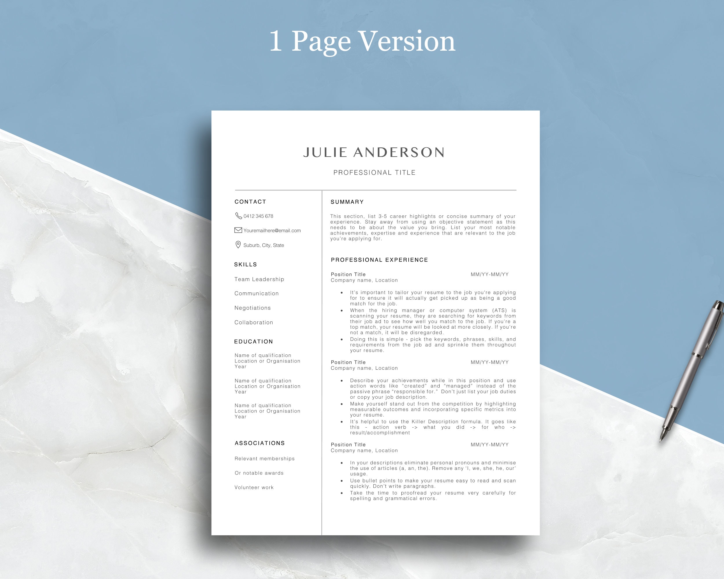 Professional Resume Template for Word and Pages | US Letter Format ...