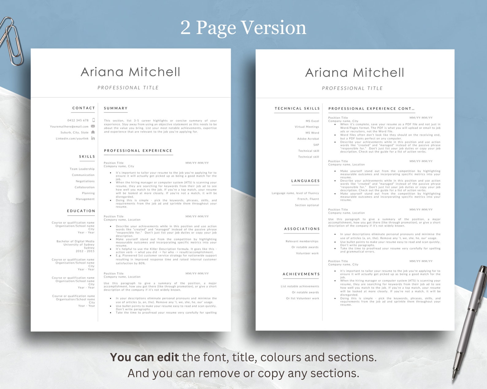Easy Professional Resume, Word and Pages Template, Executive CV ...