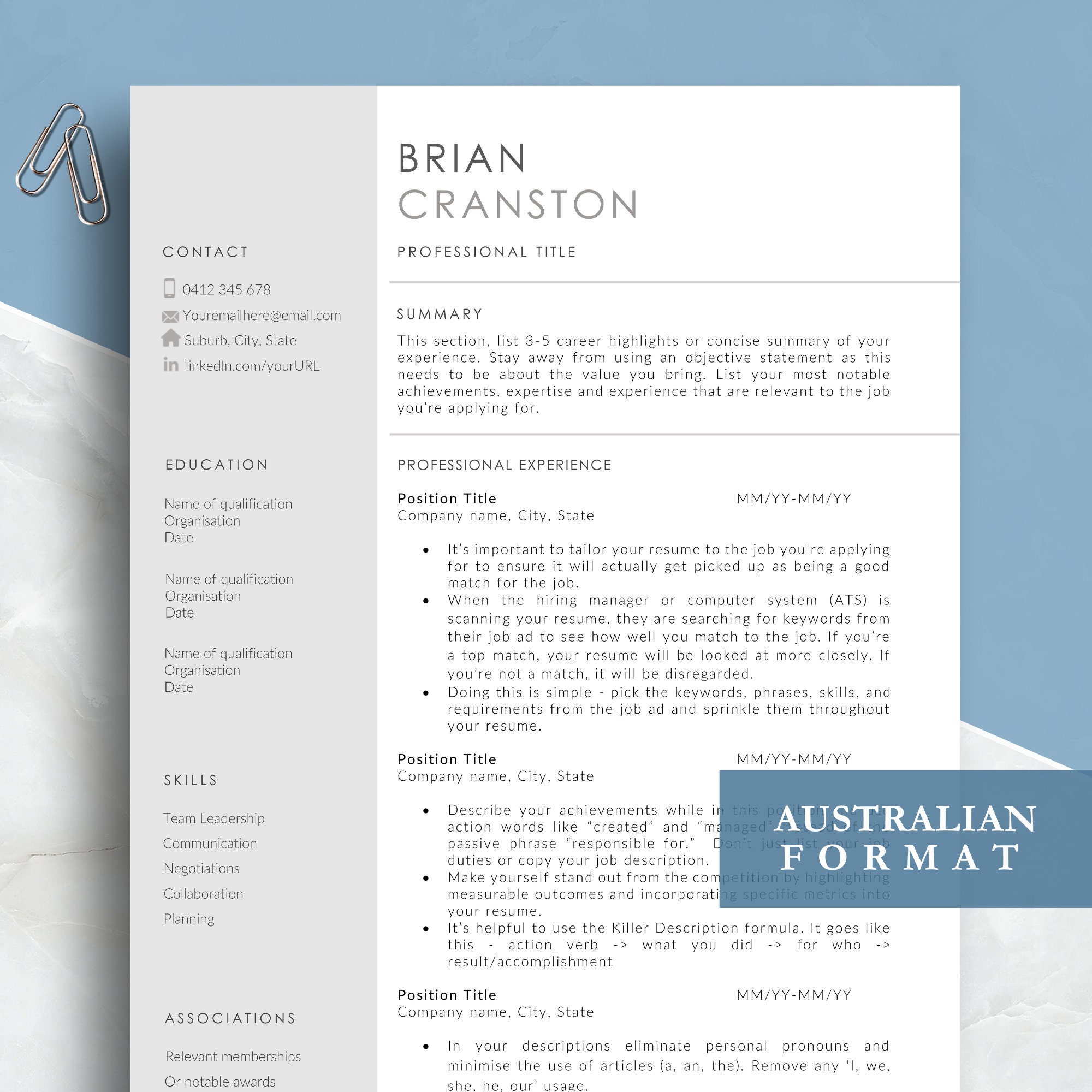 Simple Resume Template, Australian Cv Resume, ATS Friendly Cv ...