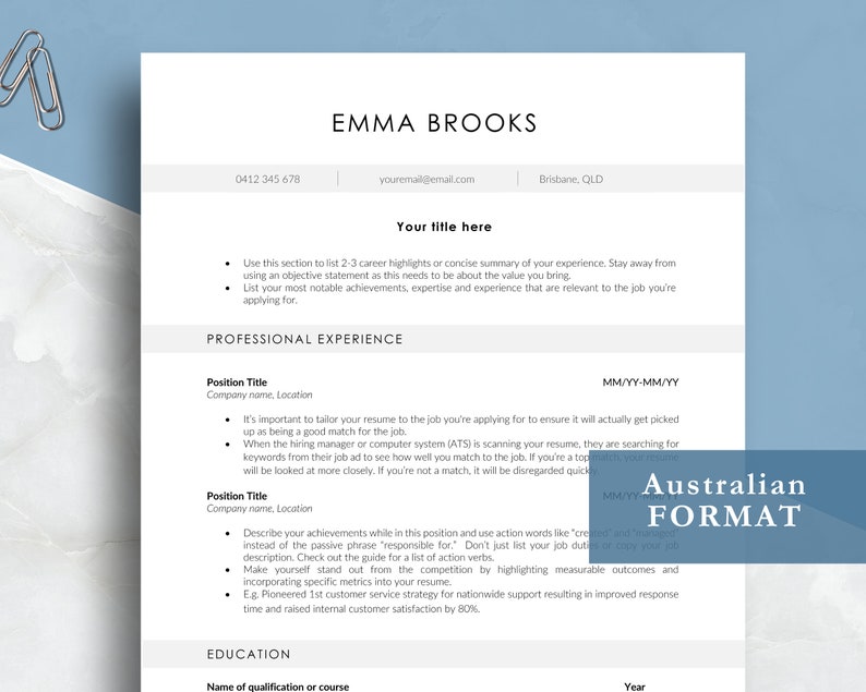 Australian Format Resume Template for MS Word and Pages With Digital ...