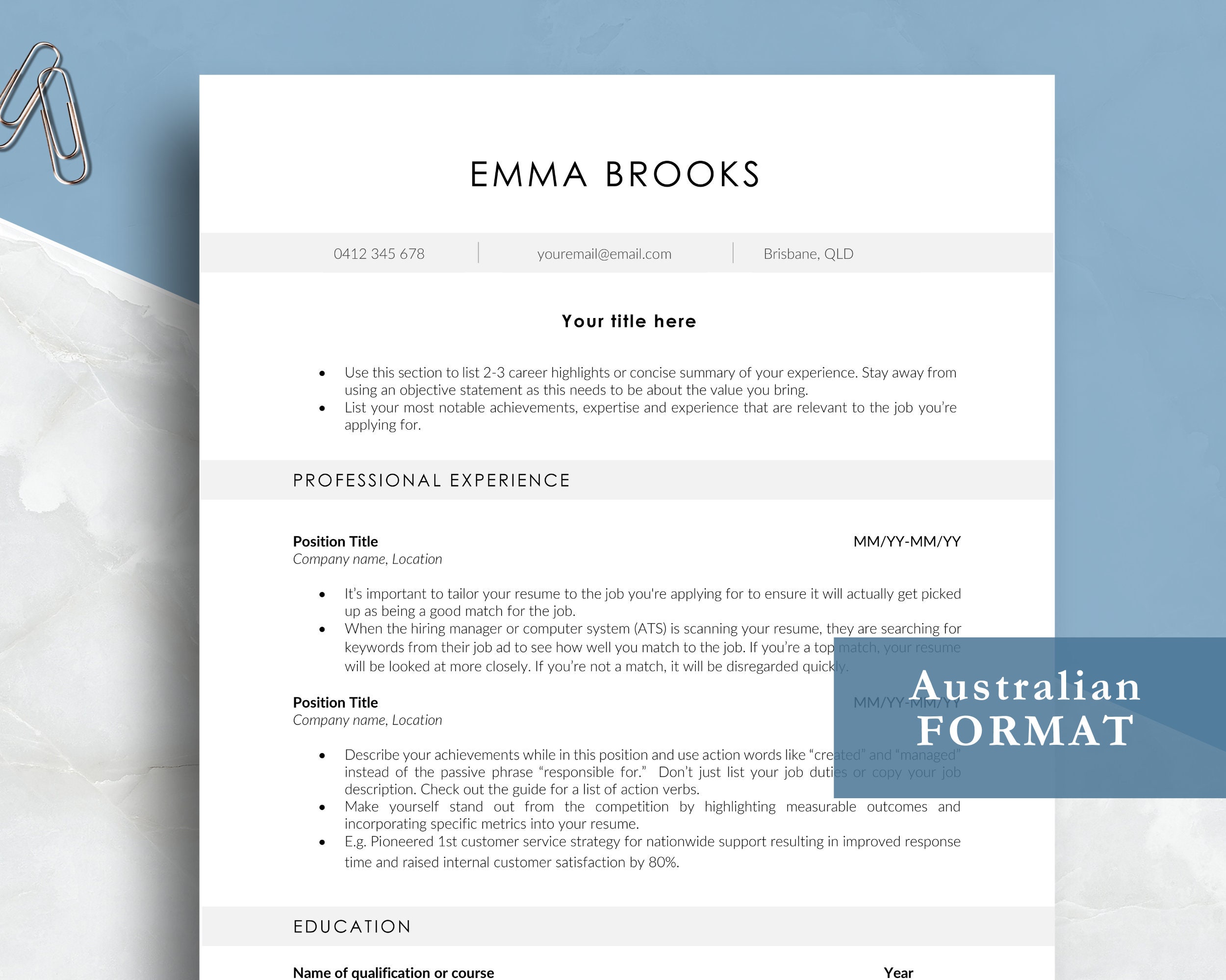 Australian Format Resume Template for MS Word and Pages With Digital ...