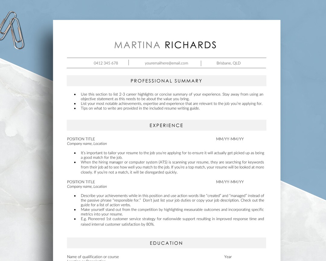 Australian CV Resume, Professional Resume Template, ATS Friendly Resume ...