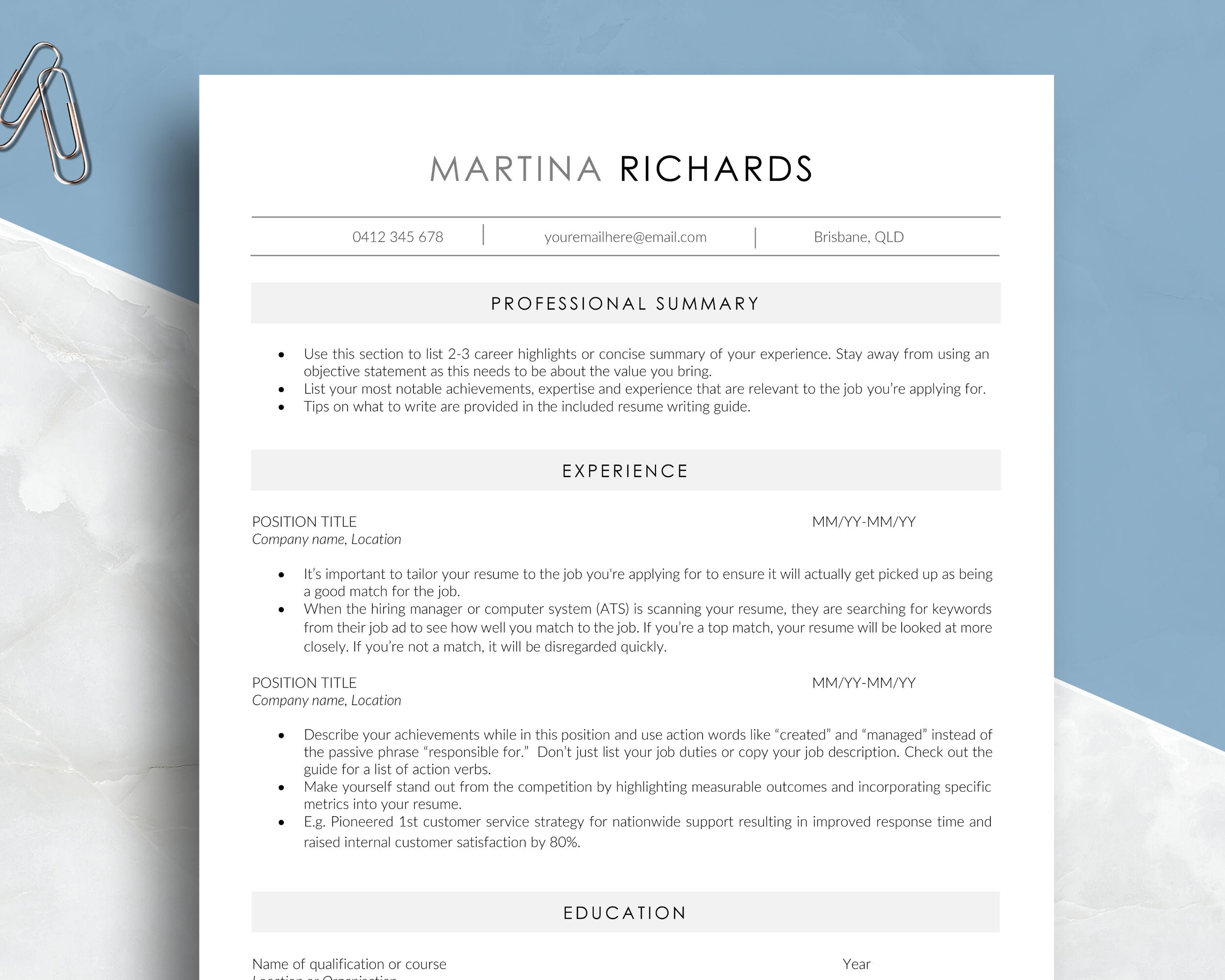 Australian CV Resume, Professional Resume Template, ATS Friendly Resume ...