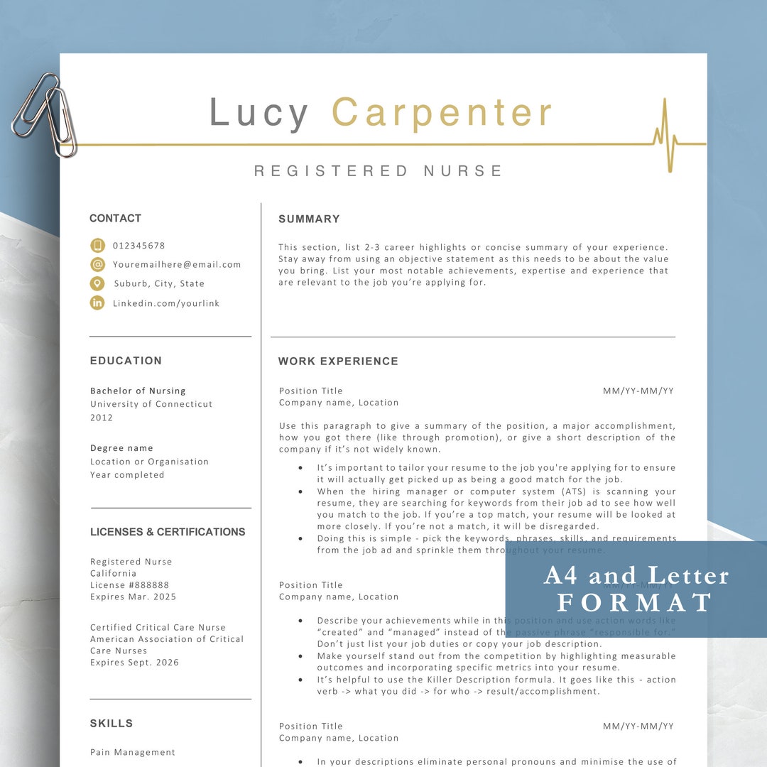 Nurse Resume Template, Word and Pages, Registered Nurse Resume, Medical ...