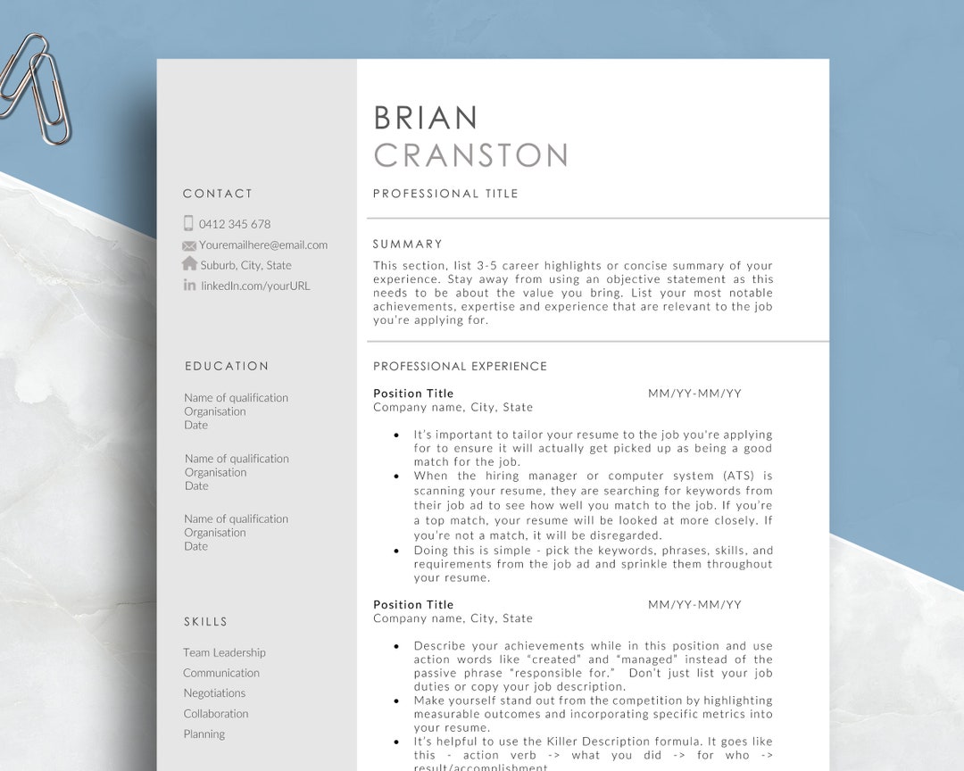 Simple Resume Template, Australian Cv Resume, ATS Friendly Cv ...