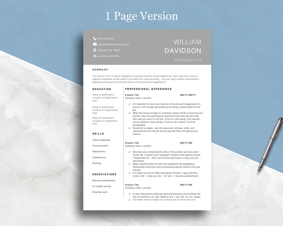 Australian CV Template, Simple Resume Format, Professional CV Design - Etsy