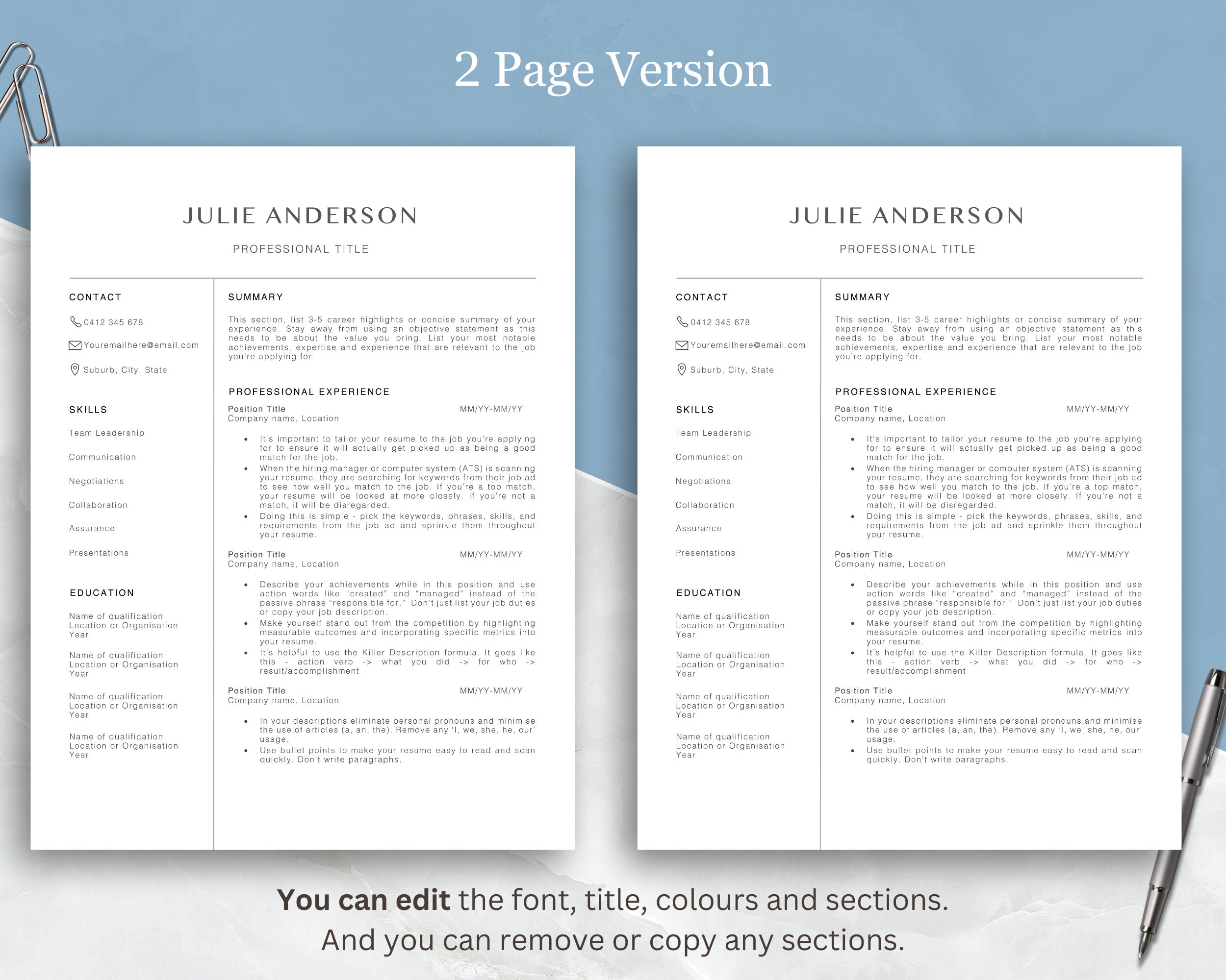 Professional Resume Template for Word and Pages | US Letter Format ...