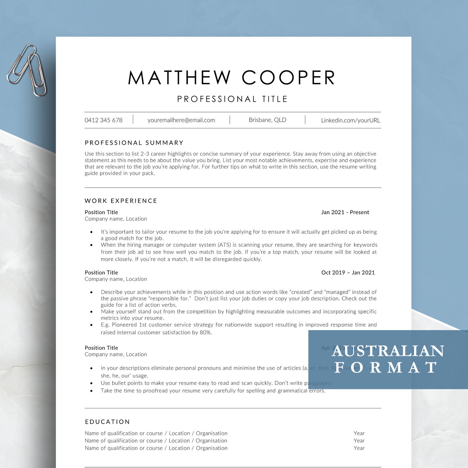 Australian Format CV, Professional Resume Template, ATS Friendly CV ...