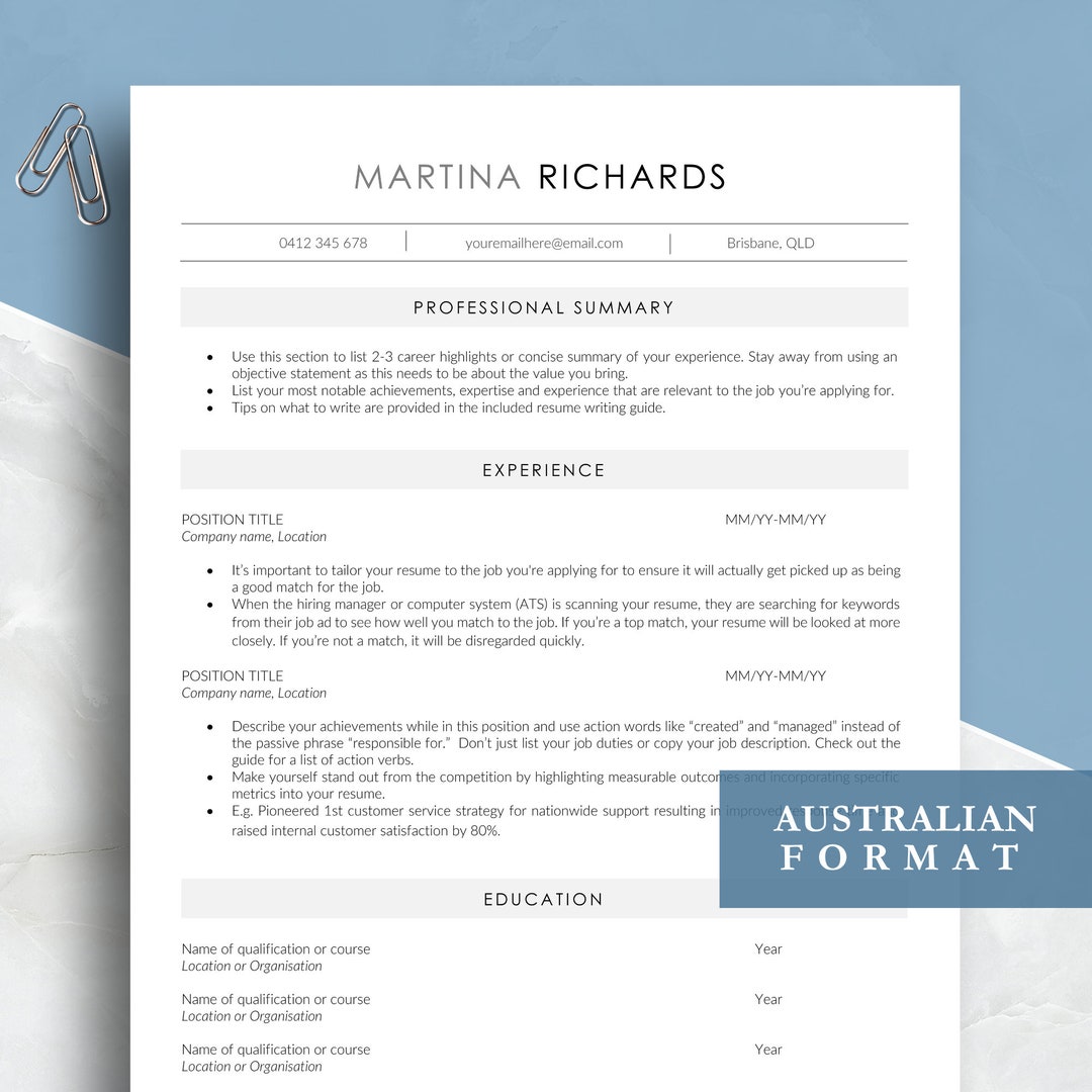 Australian CV Resume, Professional Resume Template, ATS Friendly Resume ...