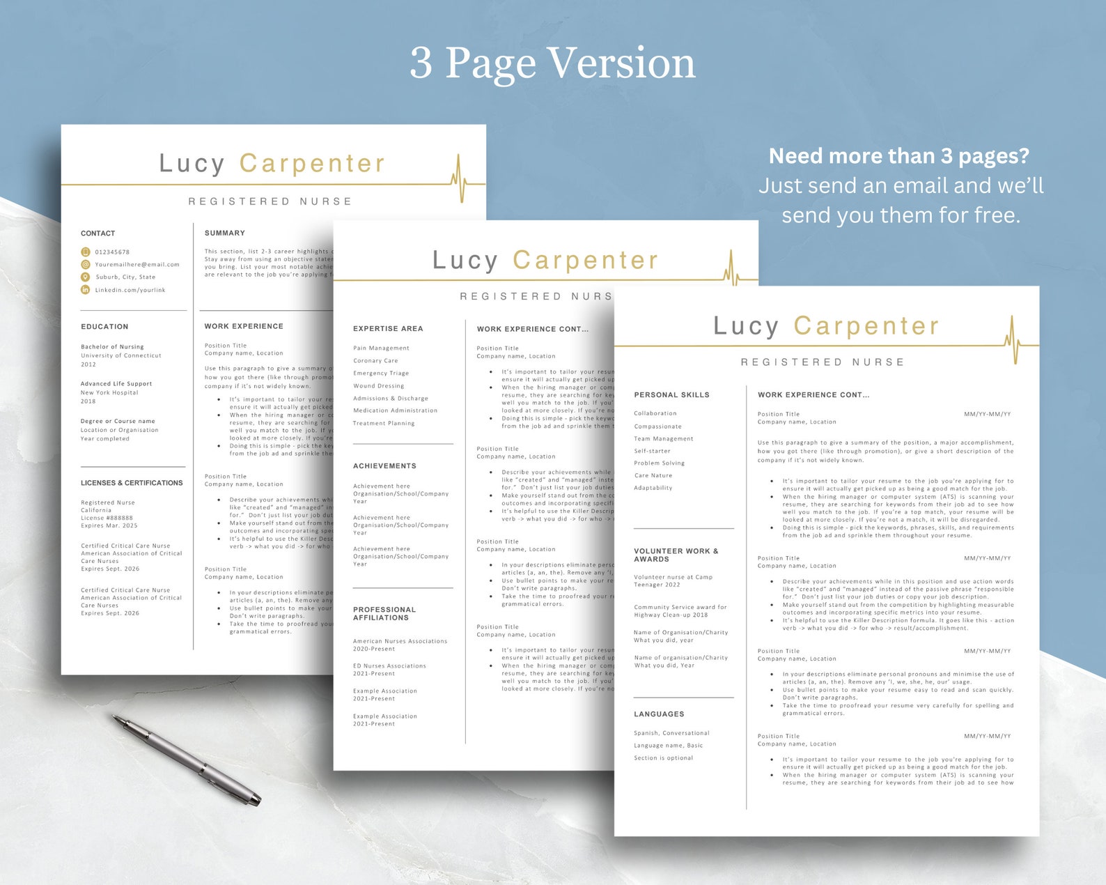 Nurse Resume Template, Word and Pages, Registered Nurse Resume, Medical ...