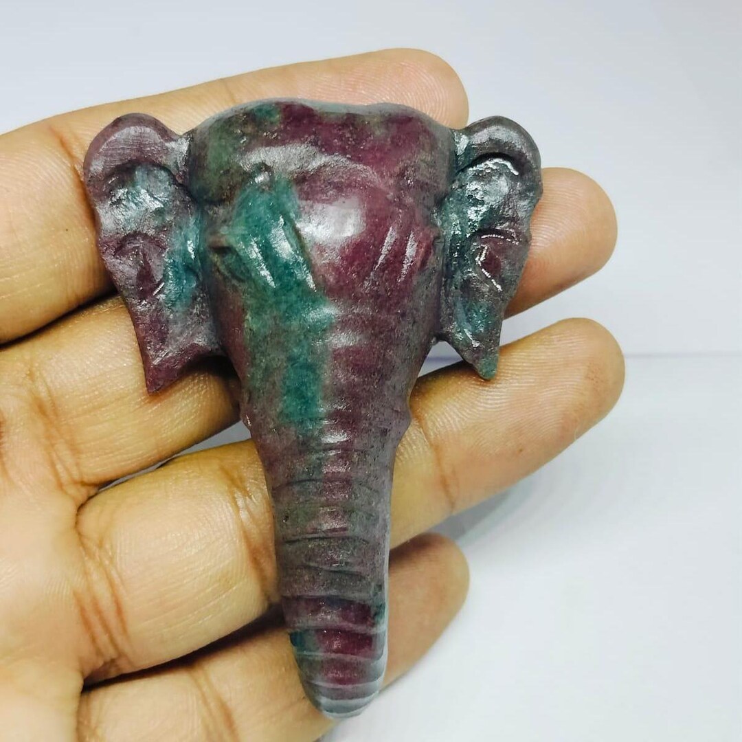 Ruby Zoisite Elephant Head Carving, Quartz Crystal Statue, Vintage ...