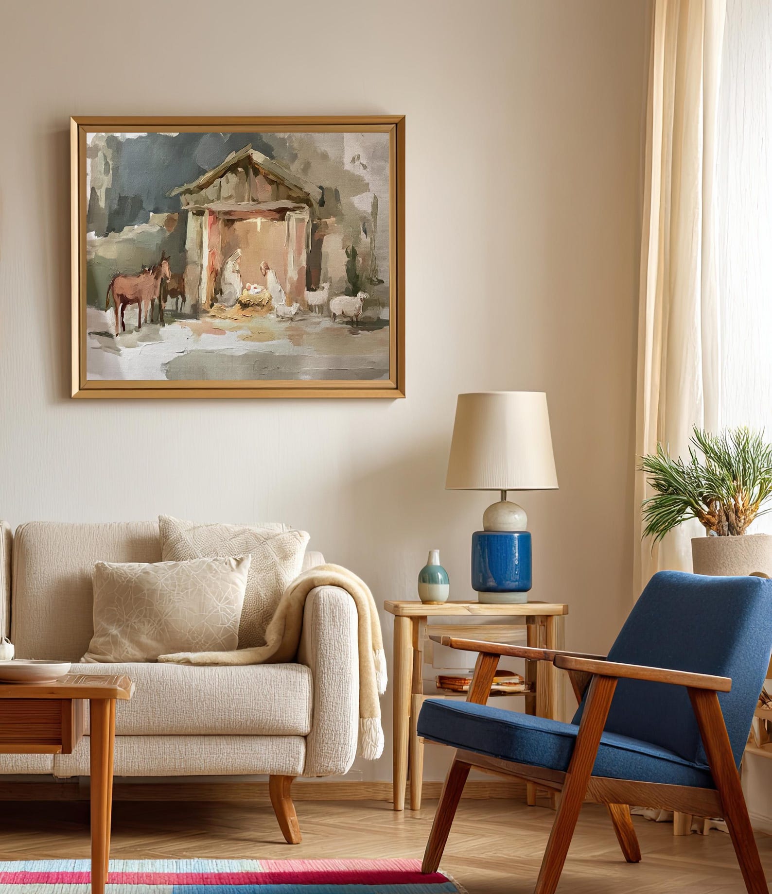 Minimalist Nativity Scene Art Print, Abstract Christmas Manger Painting ...