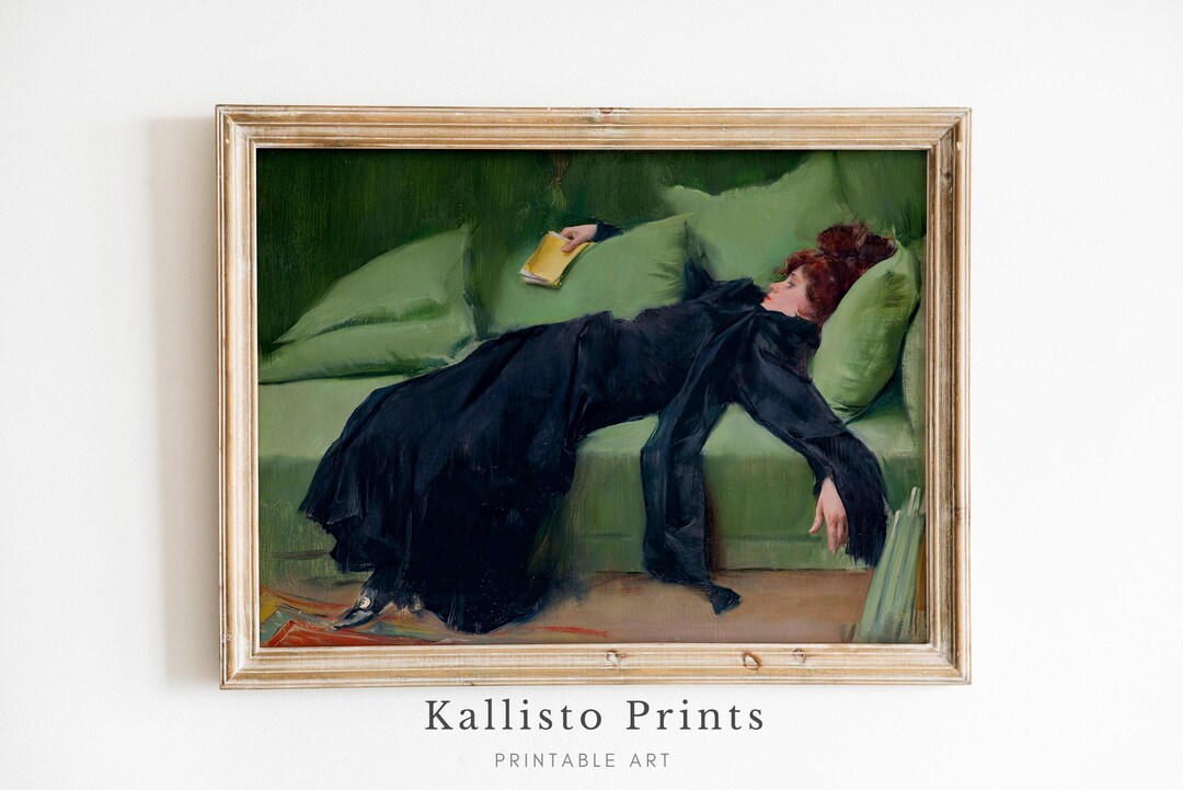 Woman Lying on Sofa Decadent | Vintage Woman Reading Art Printable ...