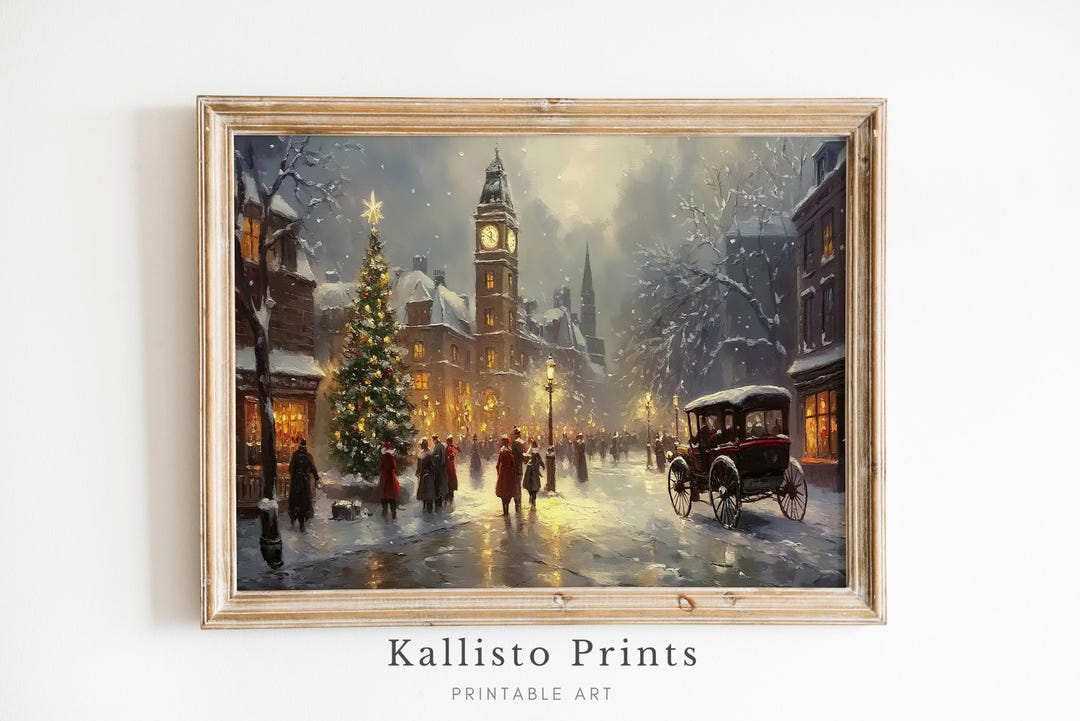 Vintage Christmas Market Printable Art - Festive Town Square Holiday ...