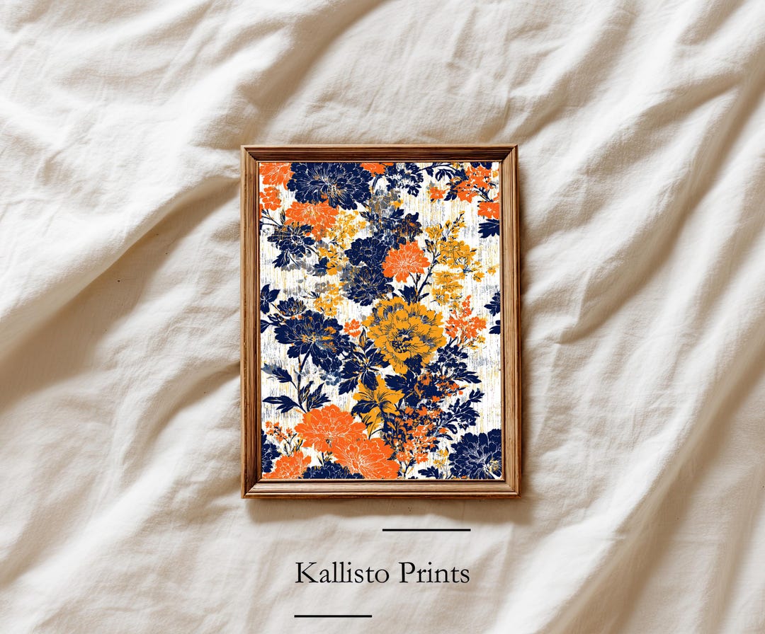 Bold Floral Wall Art Print, Vibrant Navy Orange Yellow Flower Poster ...