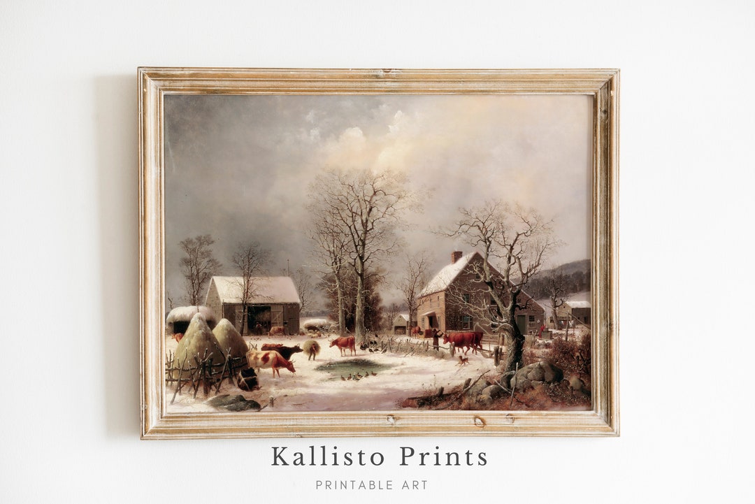 Vintage Winter Farm Landscape | Rustic Country Snow Scene | Farmhouse ...
