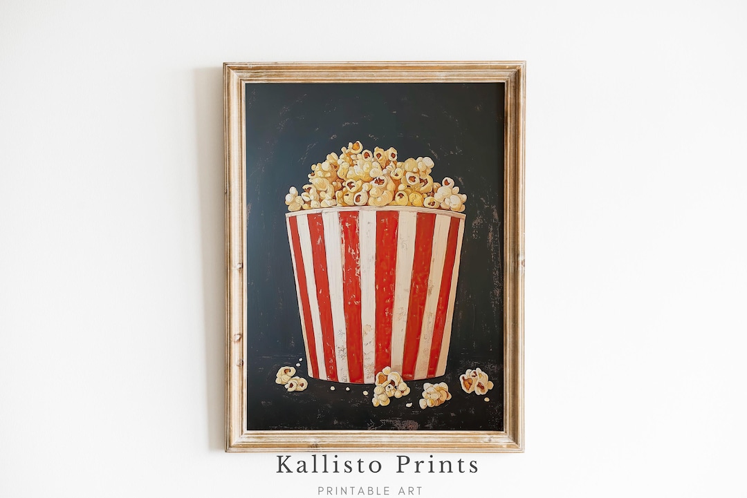 Vintage Popcorn Bucket Art Print, Retro Kitchen Wall Art, Movie Night ...