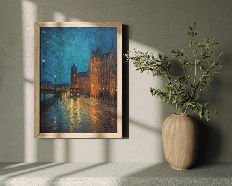 Van Gogh Style London Night Print, Double Decker Bus Art, Rainy Street ...
