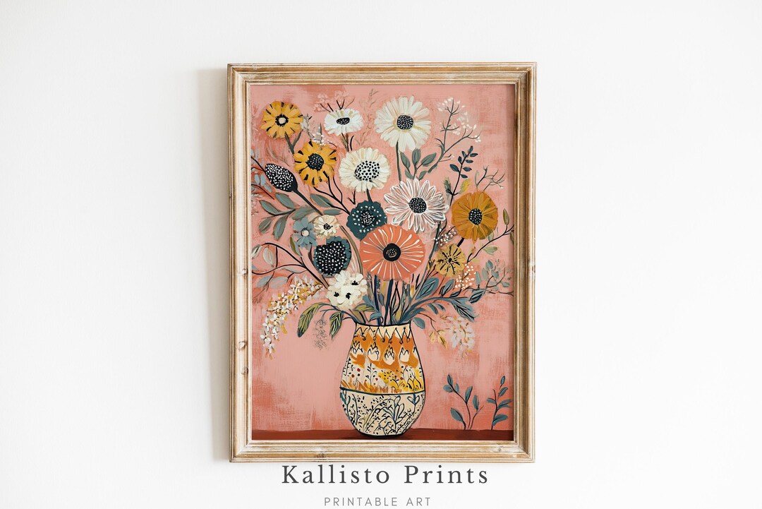 Boho Floral Vase Art Print – Colorful Flower Illustration (digital ...