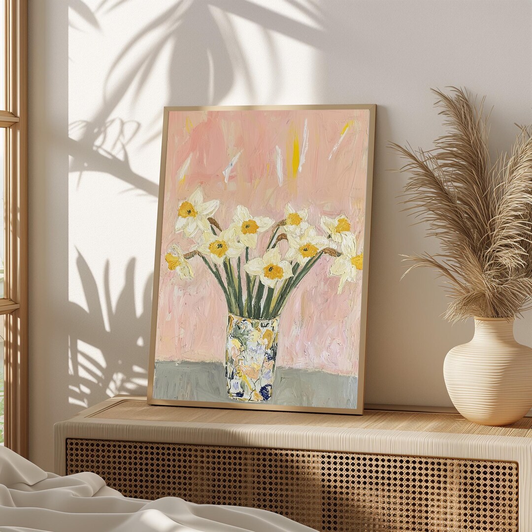 Daffodil Floral Wall Art, Pink Aesthetic Flower Print, Impressionist ...