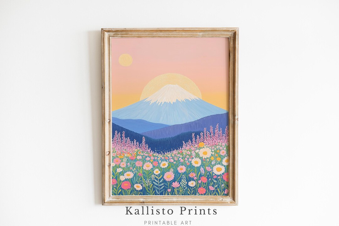 Mount Fuji Sunrise Print, Pastel Mountain Floral Landscape Wall Art ...