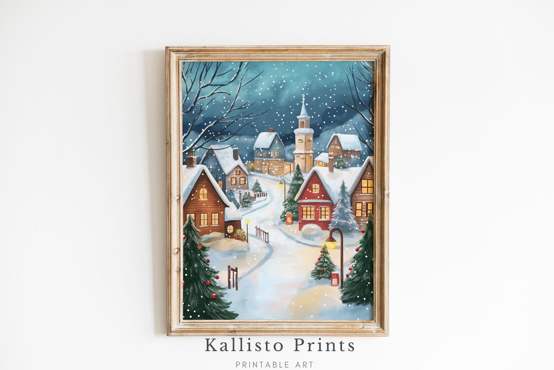 Snowy Christmas Village Illustration, Cozy Holiday Art (digital ...