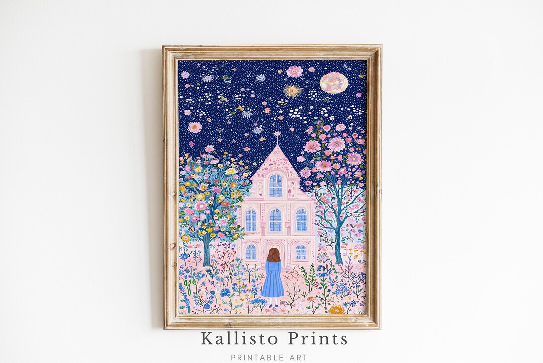 Starry Night Pink House Art Print, Whimsical Floral Celestial Decor ...