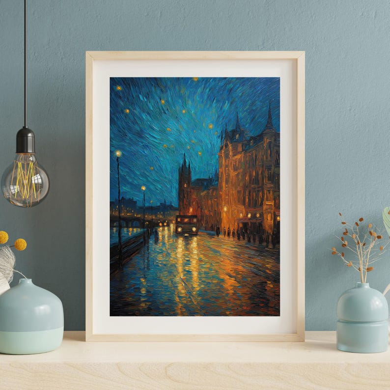 Van Gogh Style London Night Print, Double Decker Bus Art, Rainy Street ...