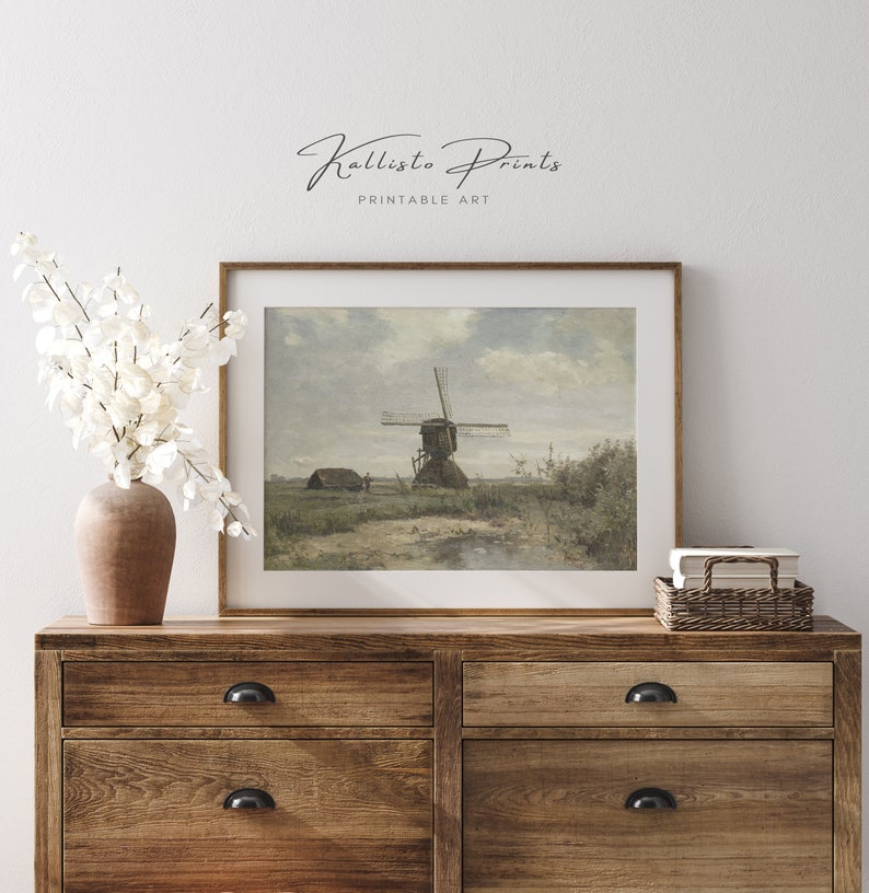Rustic Windmill in Countryside Painting | Vintage Rural Landscape Art ...
