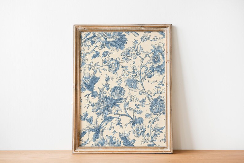 Blue Toile Floral Wall Art Download – French Country Botanical Print ...