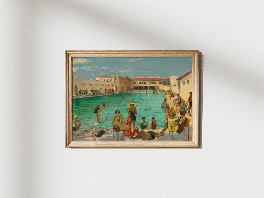 Summer Poolside Leisure Scene Printable Art, Vintage Swimming Pool ...