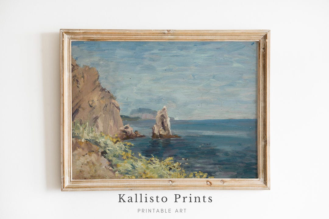 Serene Coastal Landscape Painting | Seaside Cliffs Art Print | Vintage ...