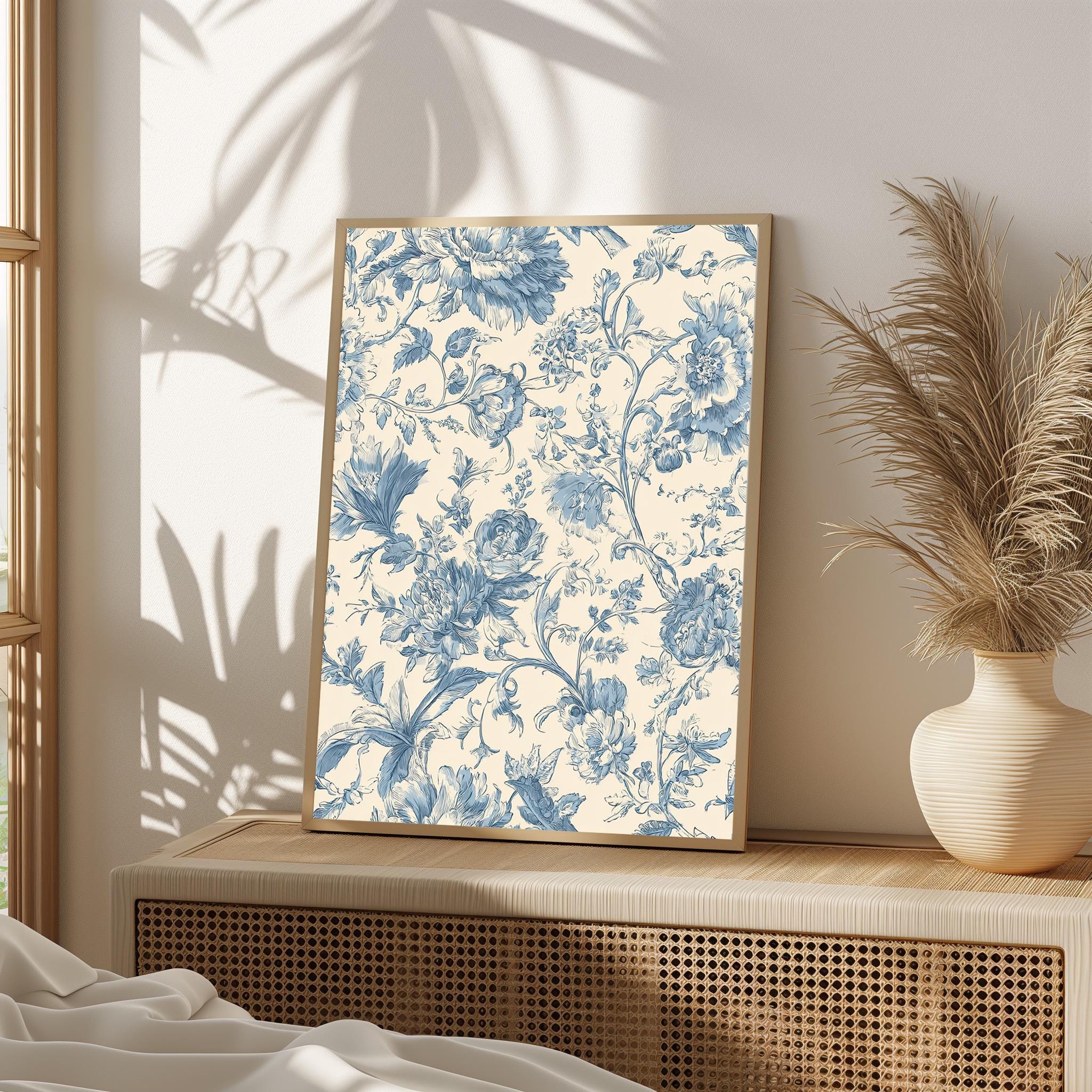 Blue Toile Floral Wall Art Download – French Country Botanical Print ...