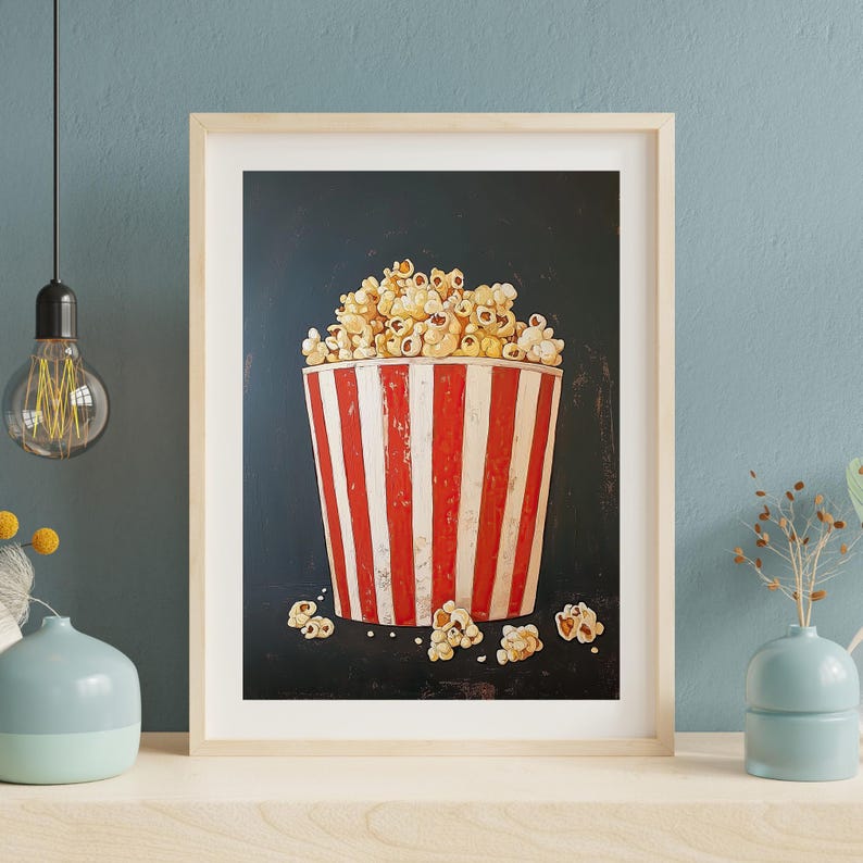 Vintage Popcorn Bucket Art Print, Retro Kitchen Wall Art, Movie Night ...