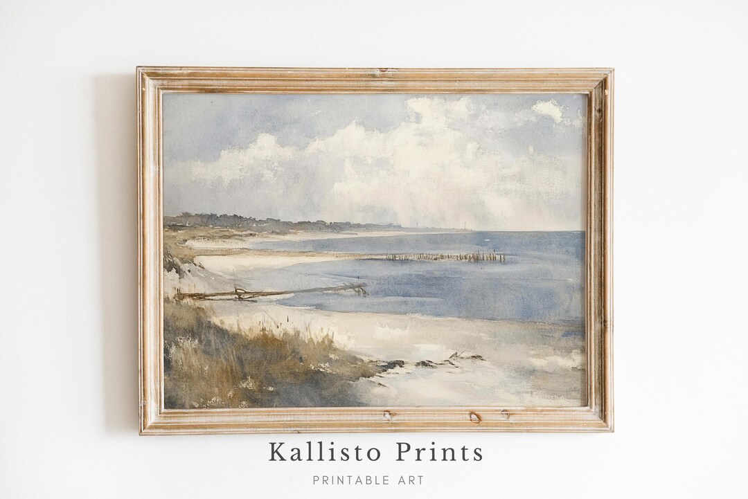 Watercolor Beach Scene Print, Minimalist Coastal Painting (digital ...